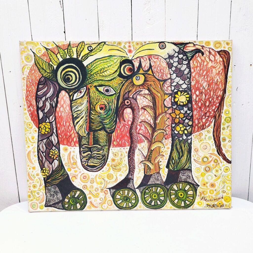 Huile sur toile, tableau, animaux fantastiques, Marijo - Acolytes Antique