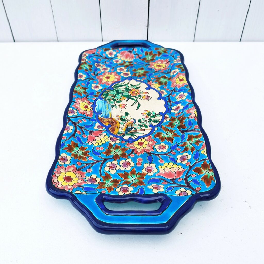 Plat a cake, émaux de Longwy, décor floral - Acolytes Antique